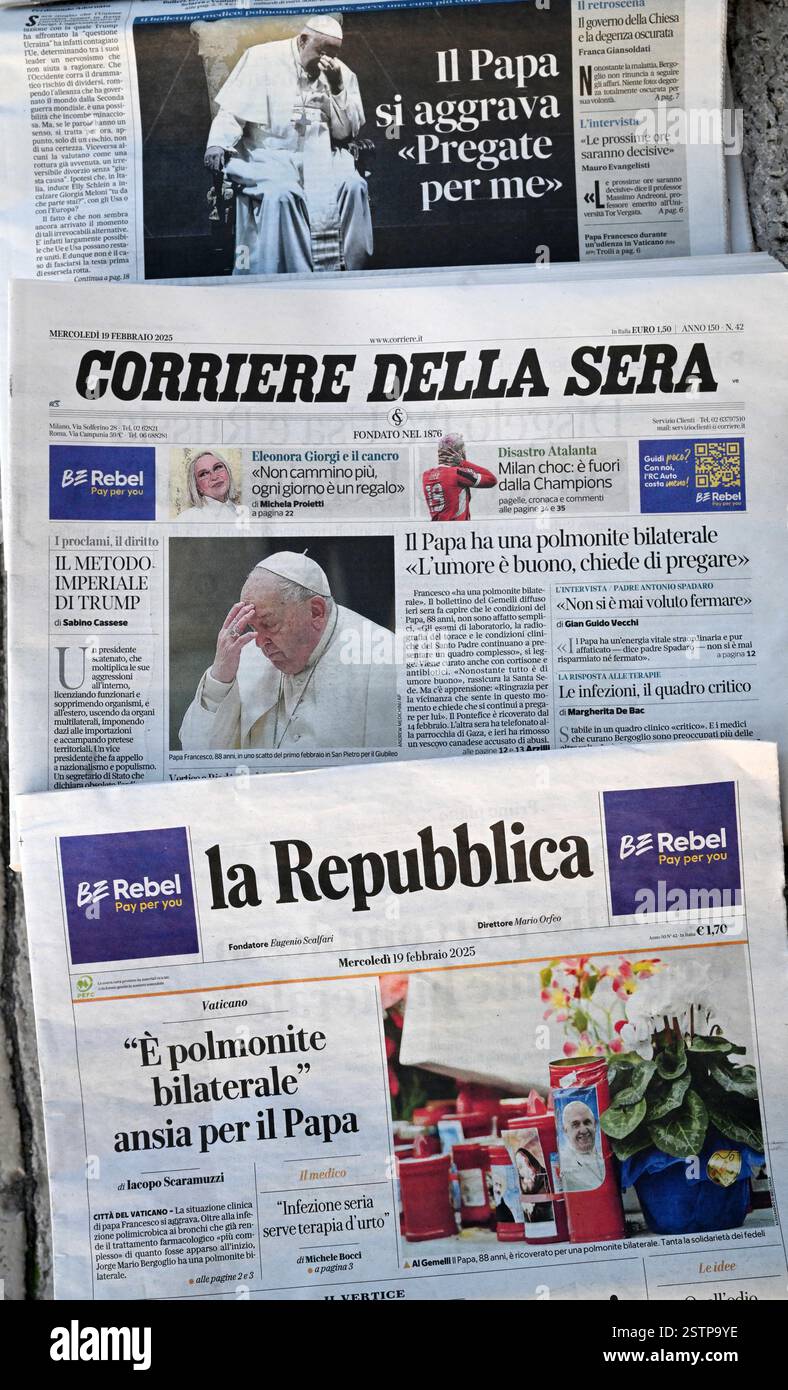 Italy. 19th Feb, 2025. In Italy, the Pope Francis dominates most papers ...