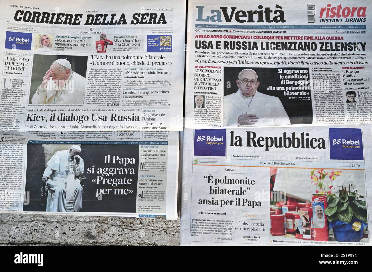 Italy. 19th Feb, 2025. In Italy, the Pope Francis dominates most papers ...