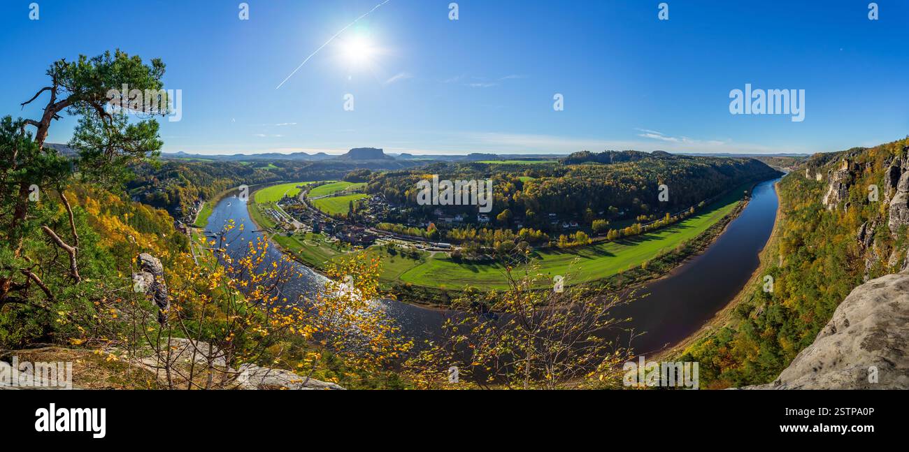 Panoramic view of the valley of the river Elbe. Saxon Switzerland ...