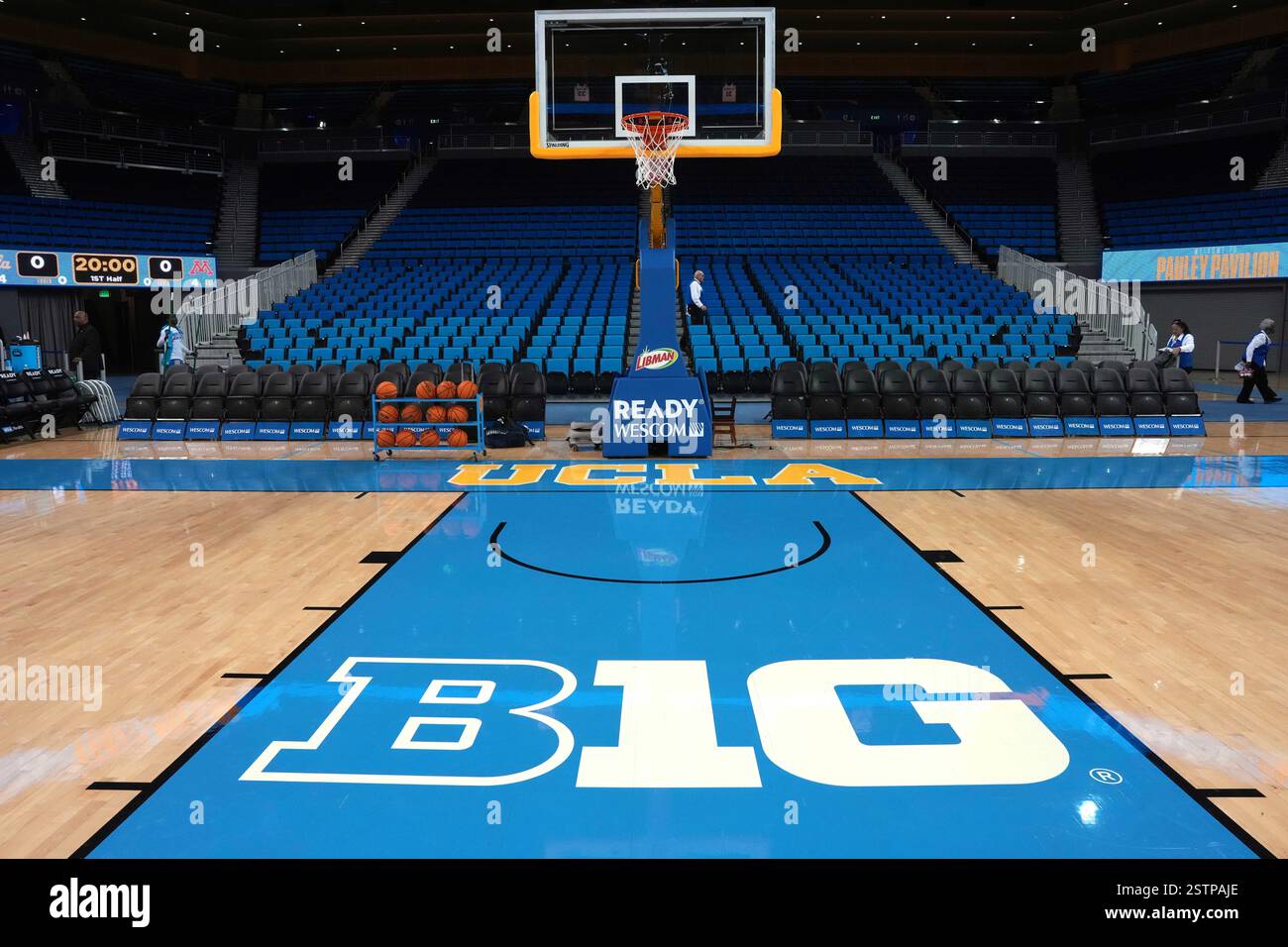 The Big Ten Conference logo on the court at Pauley Pavilion during a ...