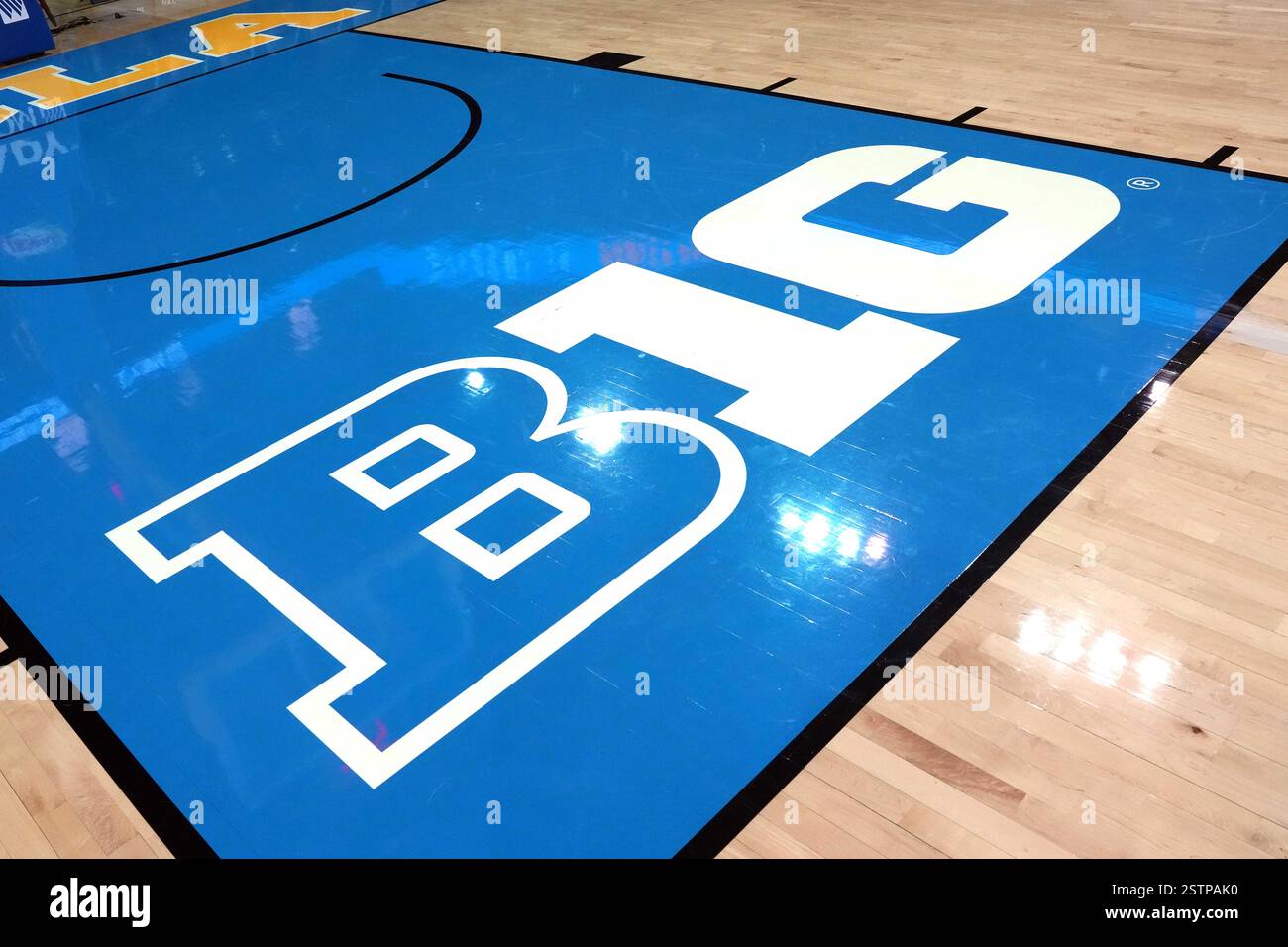 The Big Ten Conference logo on the court at Pauley Pavilion during a ...
