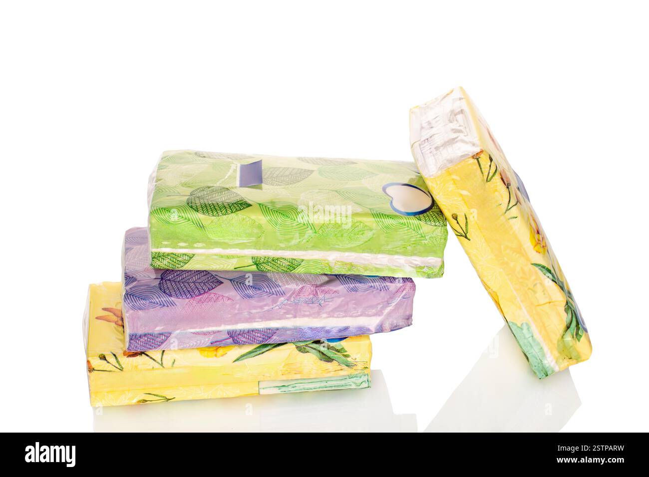 Several packs of paper dry wipes, close-up, isolated on white ...