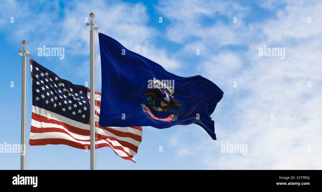 North Dakota state flag waving with the american flag. Blue with coat ...