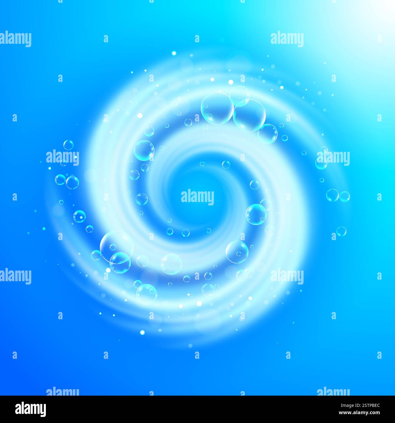 Washing and cleaning effect. Spinning blue vortex with air bubbles ...