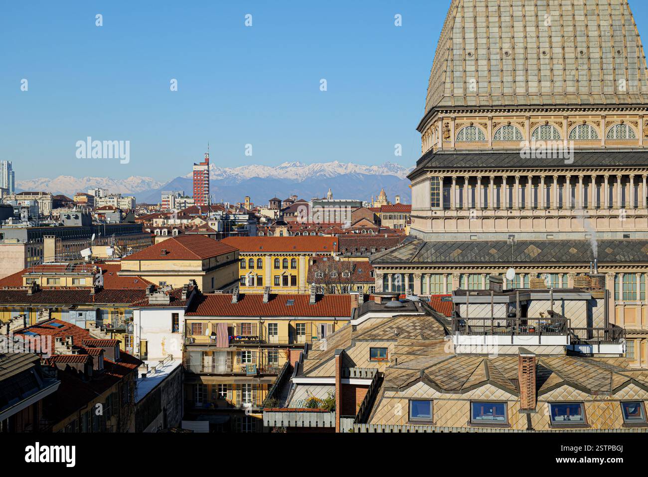 Turin, Italy. Half-height view of the city center and part of the Mole ...