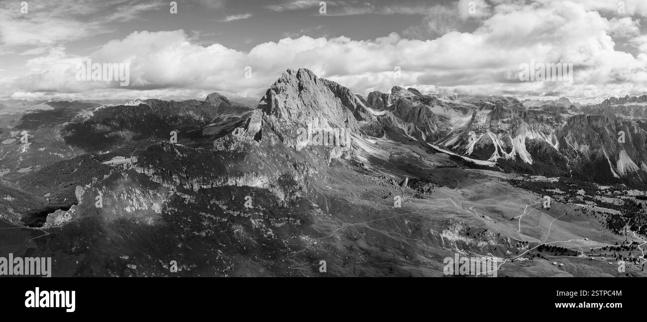 Monochrome aerial view of Seceda plateau in Italy Dolomites, showcasing ...