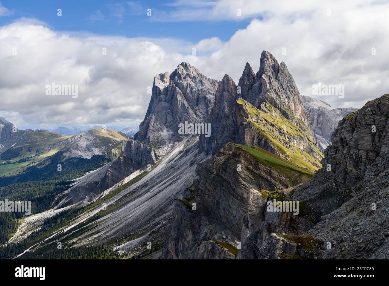 Seceda iconic jagged ridges stretch above sheer cliffs and a green ...