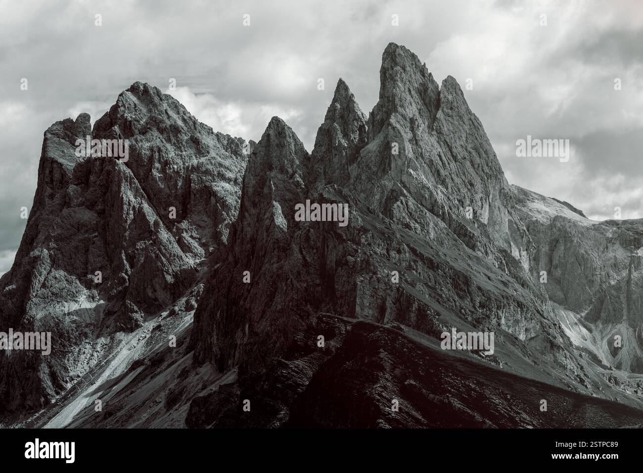 The rugged Seceda peaks in the Dolomites, Italy, captured in a close-up ...