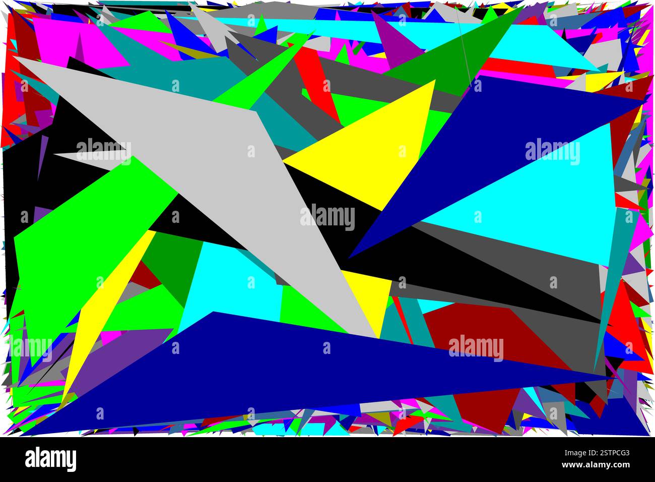 Numerous overlapping triangles in vibrant colors, reminiscent of post-modern mosaic art, create ...