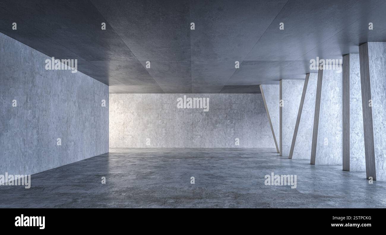 Spacious concrete room featuring angled walls and sleek surfaces 3d ...