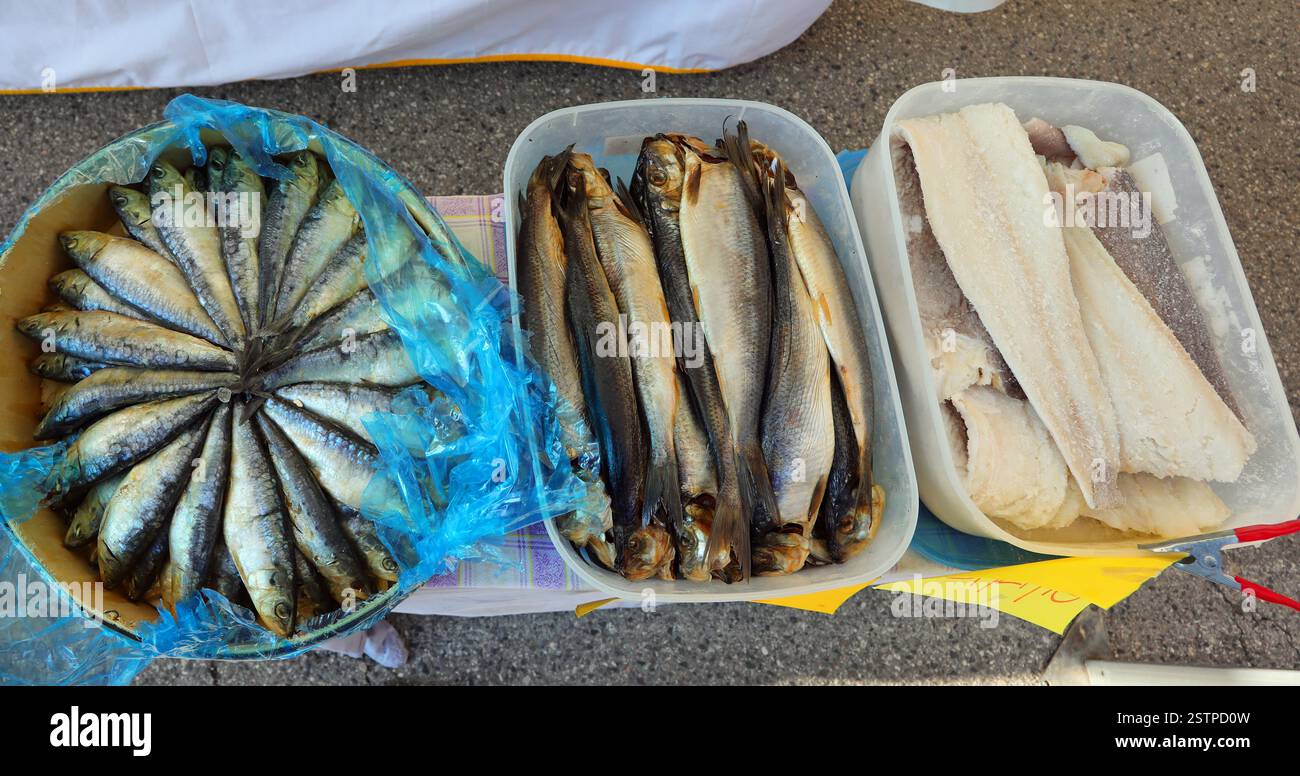 trays of smoked and salted fish and cod for sale at the nordic fish ...