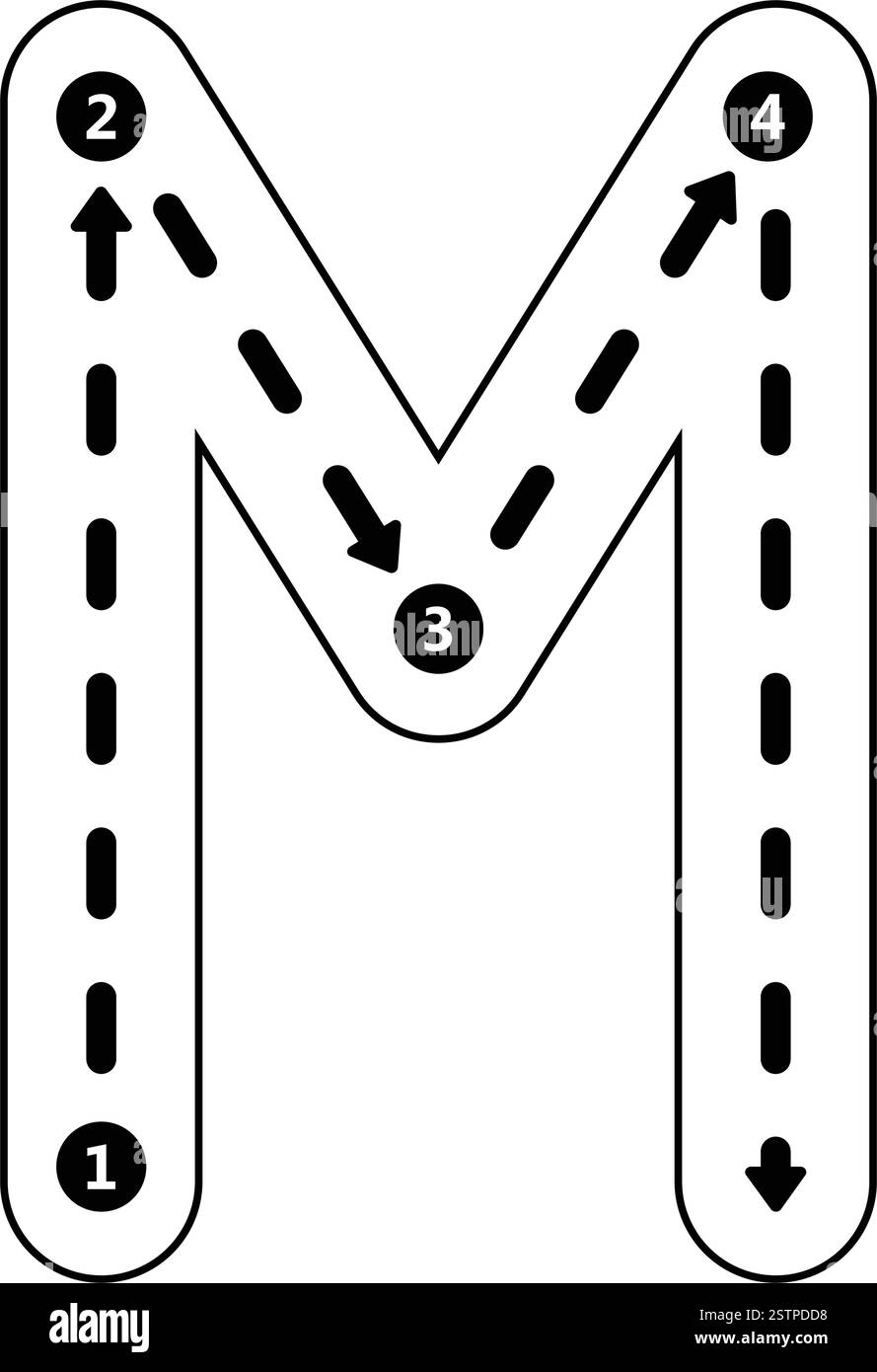 Tracing Alphabet letter M, Uppercase prewriting dotted line element for kindergarten, preschool ...