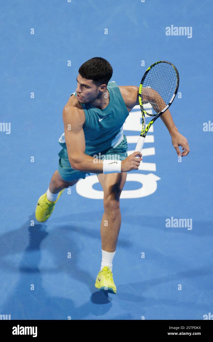 Carlos Alcaraz of Spain during the 2025 Qatar ExxonMobil Open, ATP 500 ...