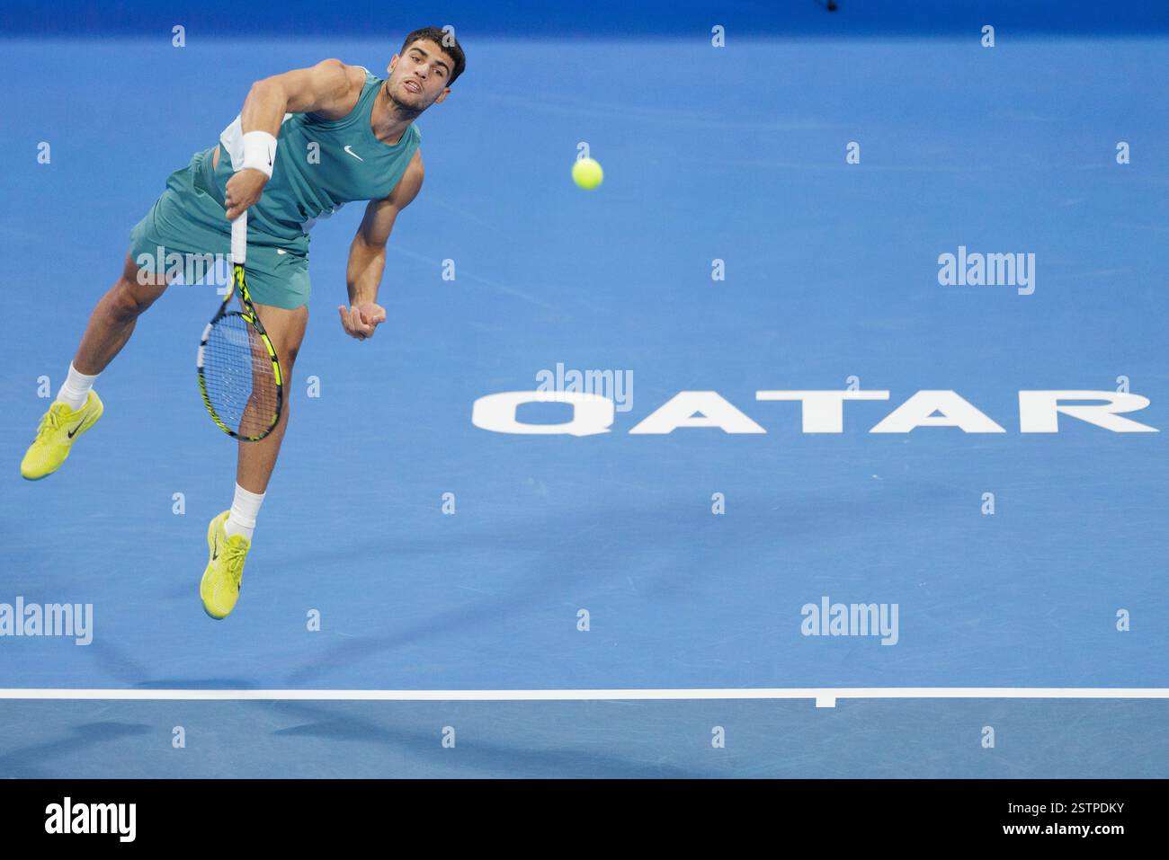 Carlos Alcaraz of Spain during the 2025 Qatar ExxonMobil Open, ATP 500 ...