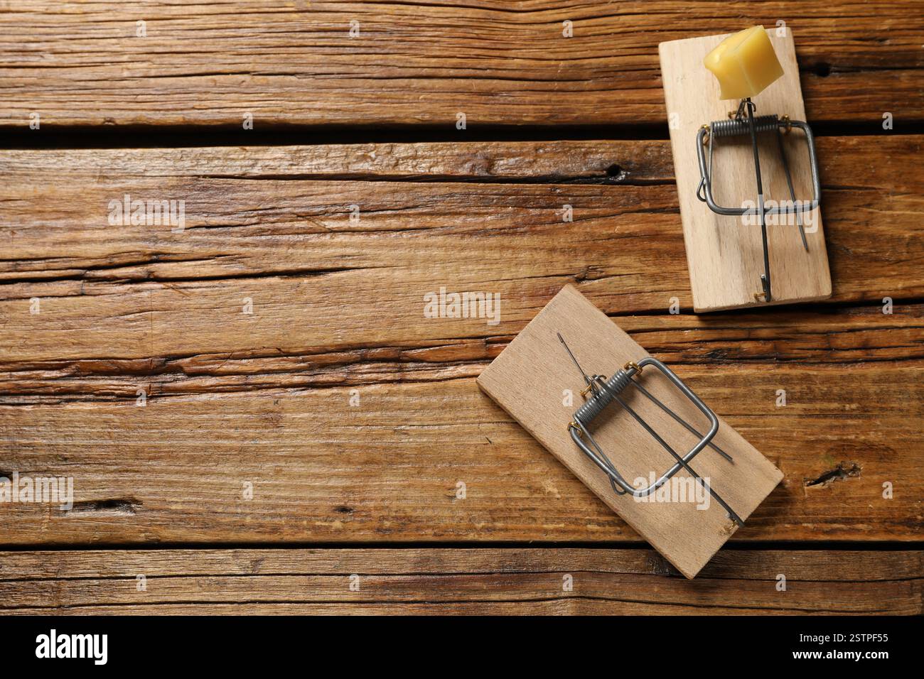 Two spring-loaded bar mousetraps on floor, flat lay. Space for text ...