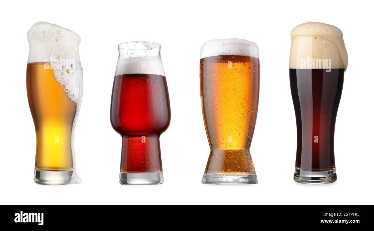 Different types of fresh beer isolated on white, set Stock Photo - Alamy