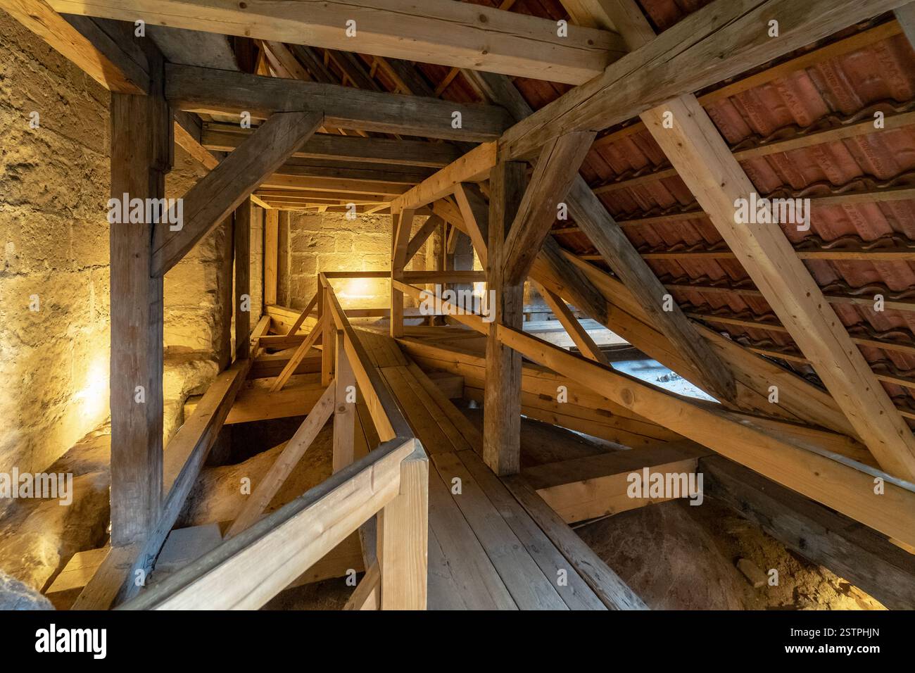 Wooden structures (rafters and beams) of the attic of an old house ...
