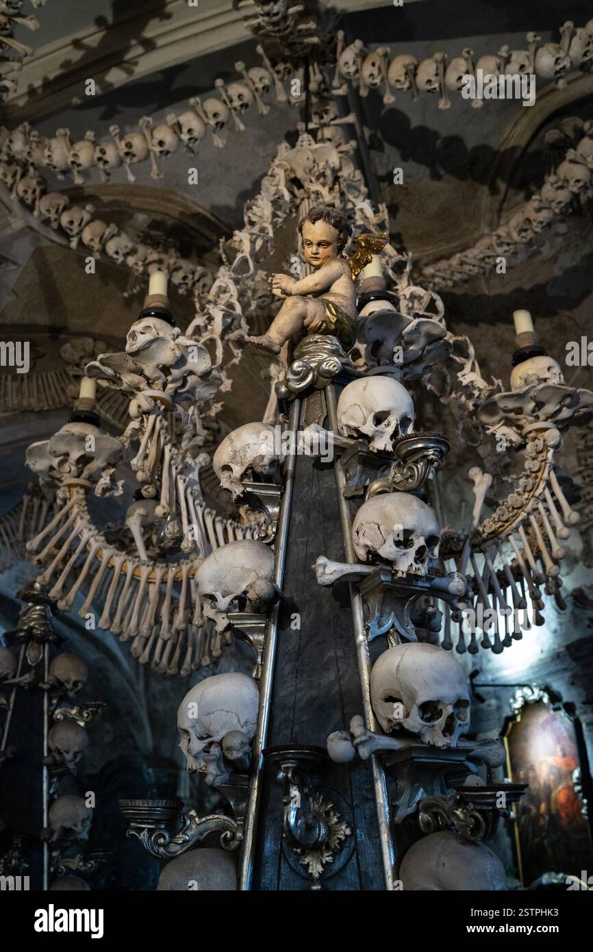 Detail of interior of Sedlec Ossuary, a small Roman Catholic chapel ...