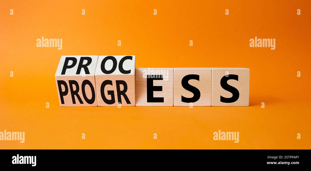 Process and Progress symbol. Turned wooden cubes with words Process and ...