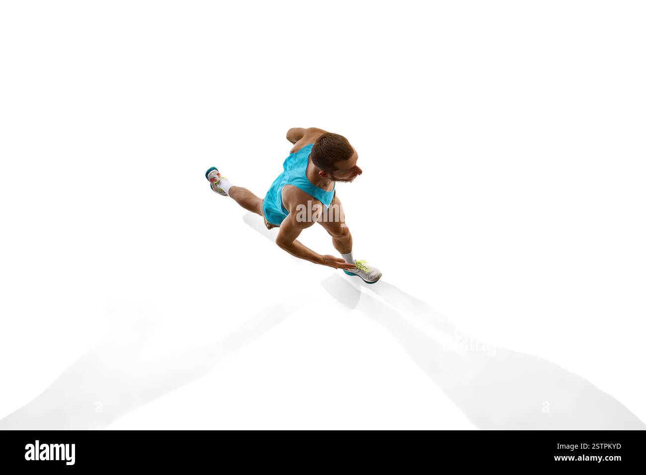 Overhead view of athlete sprinting, powerful body mechanics and swift ...