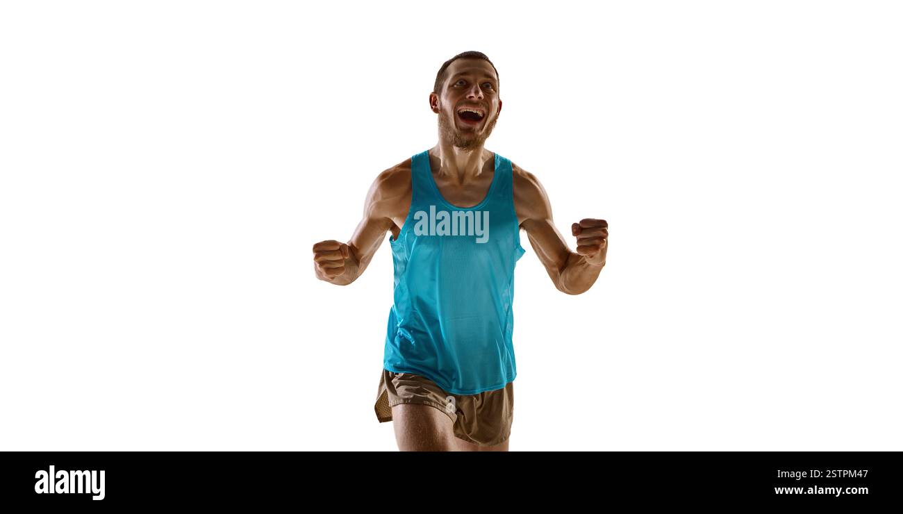 Sprinter flexing arms in powerful pose, victorious energy and raw ...