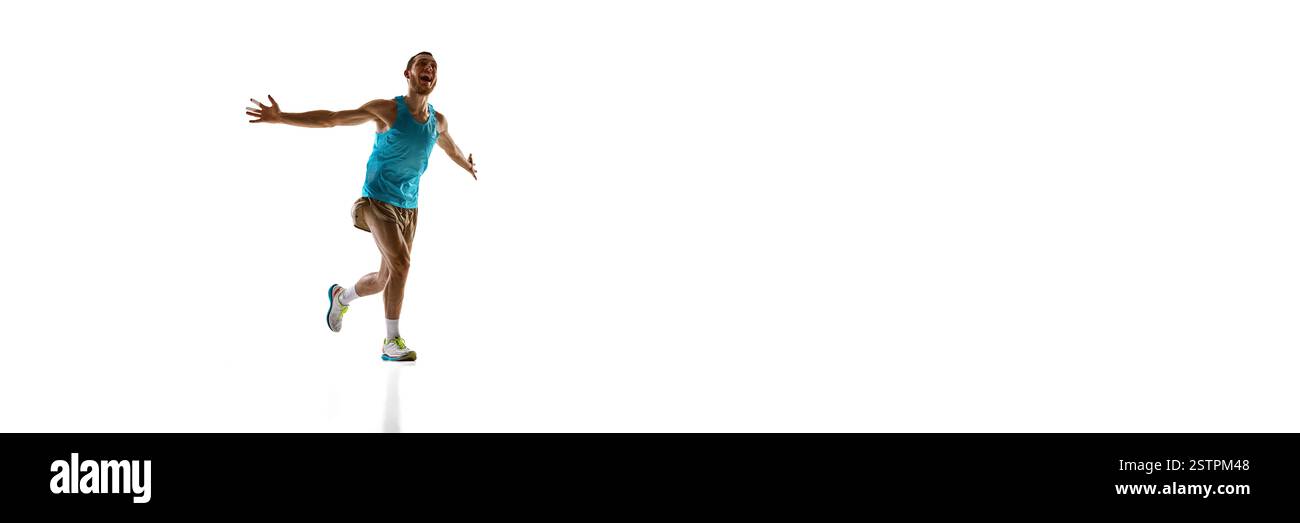 Banner. Runner extending arms in celebration, powerful stride and ...