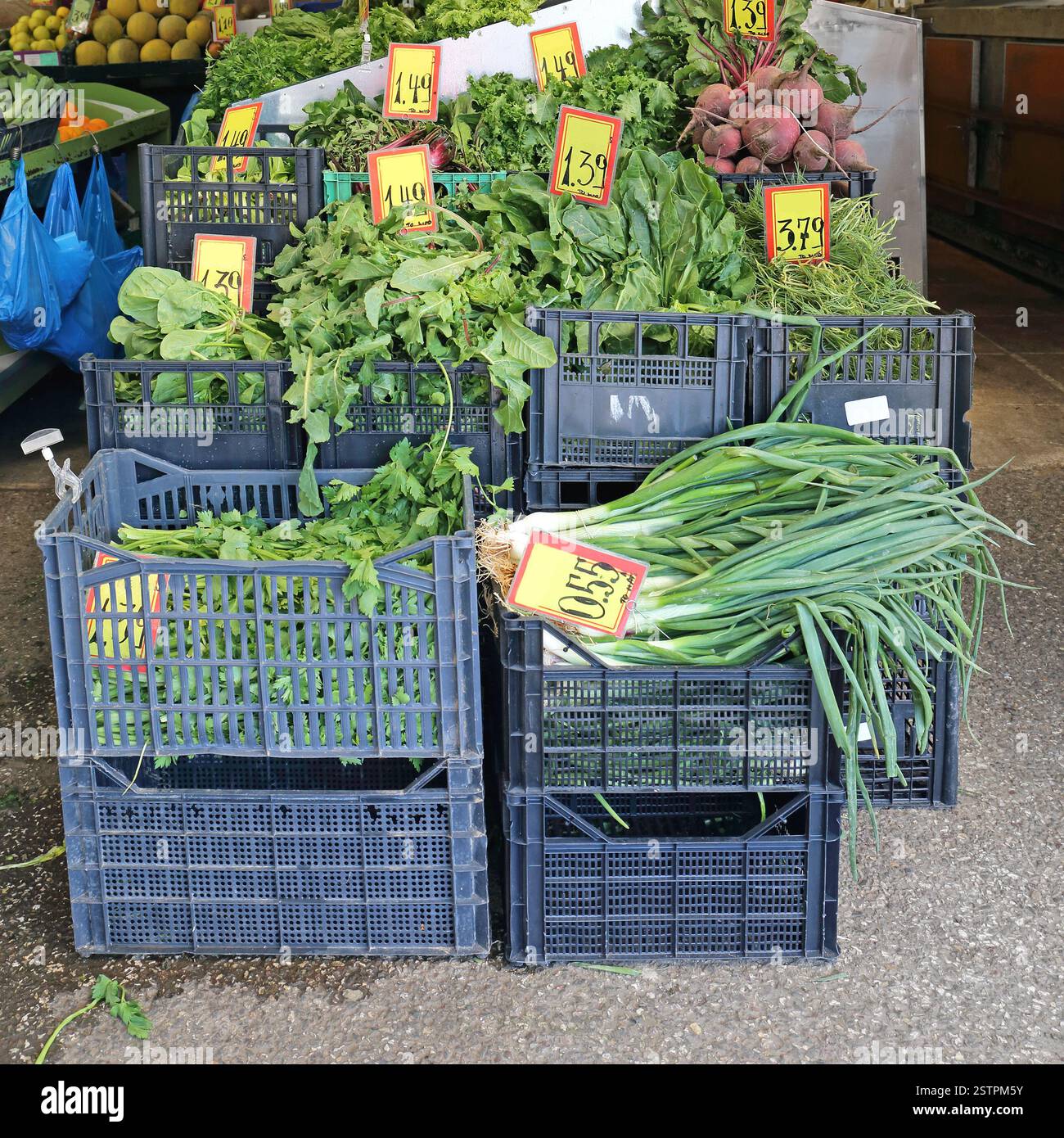 Green Leaf Vegetables in Crates at Farmers Market Stock Photo - Alamy