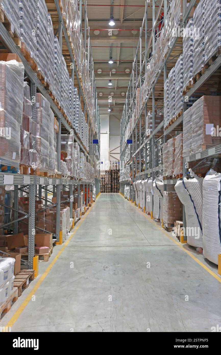 Food Distribution Warehouse Row With Bulk Sacks in Shelves Stock Photo ...