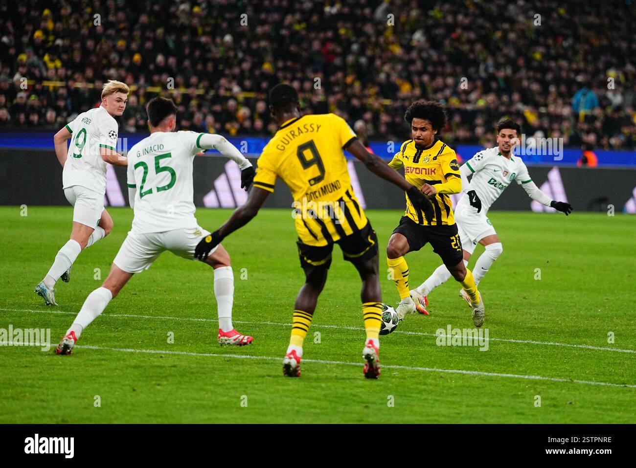 Signal Luna Park, Dortmund, Germany. 19th Feb, 2025. Karim Adeyemi of Borussia Dortmund controls ...
