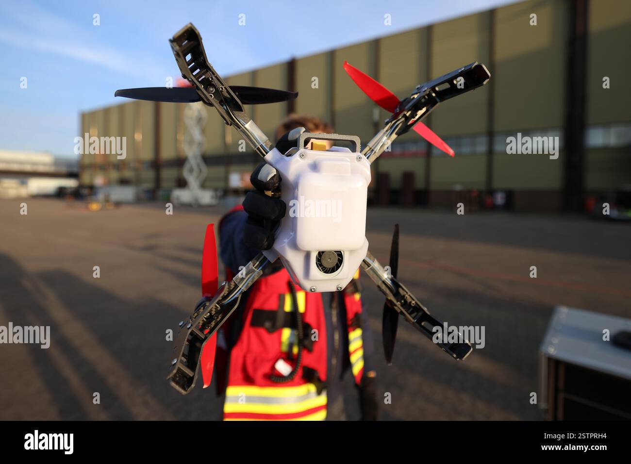 Duesseldorf, Germany. 19th Feb, 2025. One of 200 drones is being ...