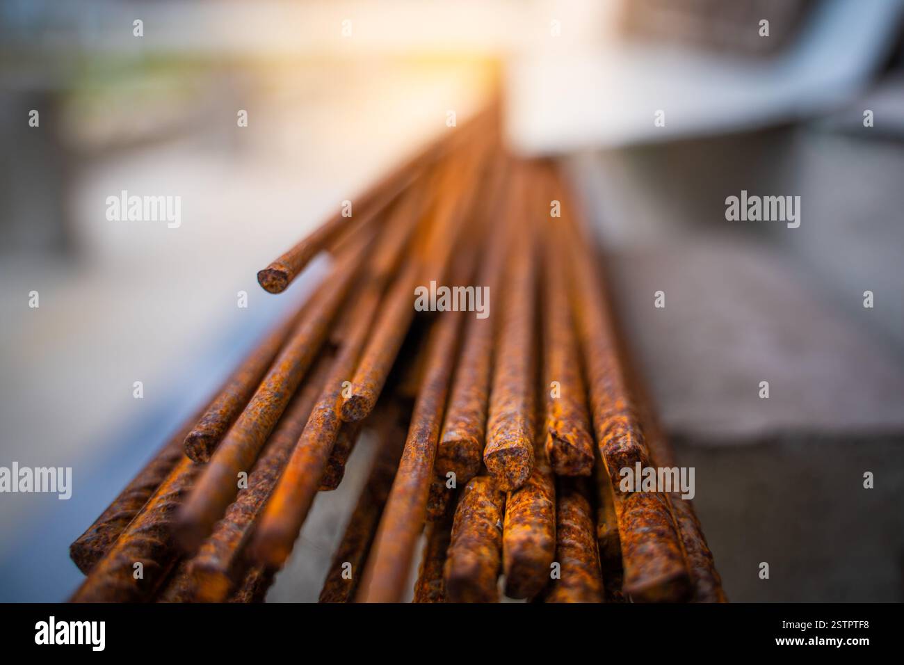 Rusty construction rebar close-up. Corrosion affects exposed metal ...