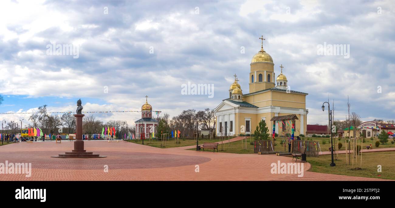 Bender, Moldova - 03.10.2019. Alexander Nevsky Park and church on the ...