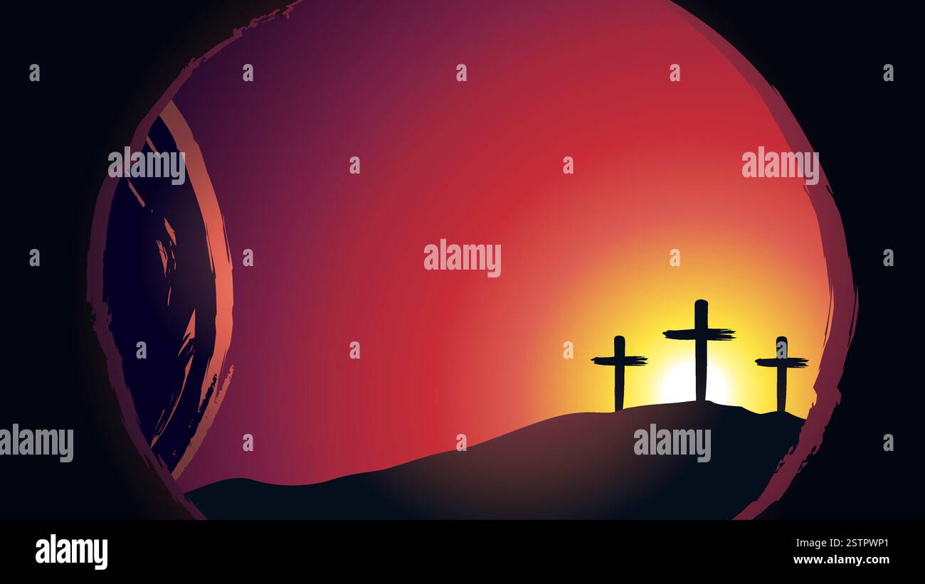 Morning tomb and Calvary with background of three crosses on Easter ...