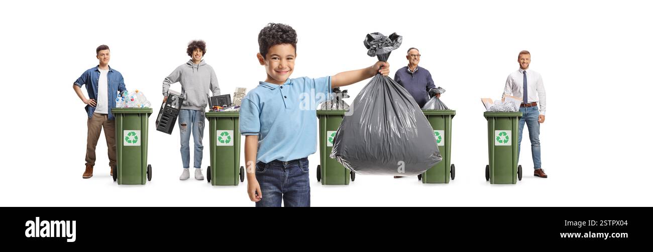 Boy and a group of men with recycling bins for waste materials isolated ...