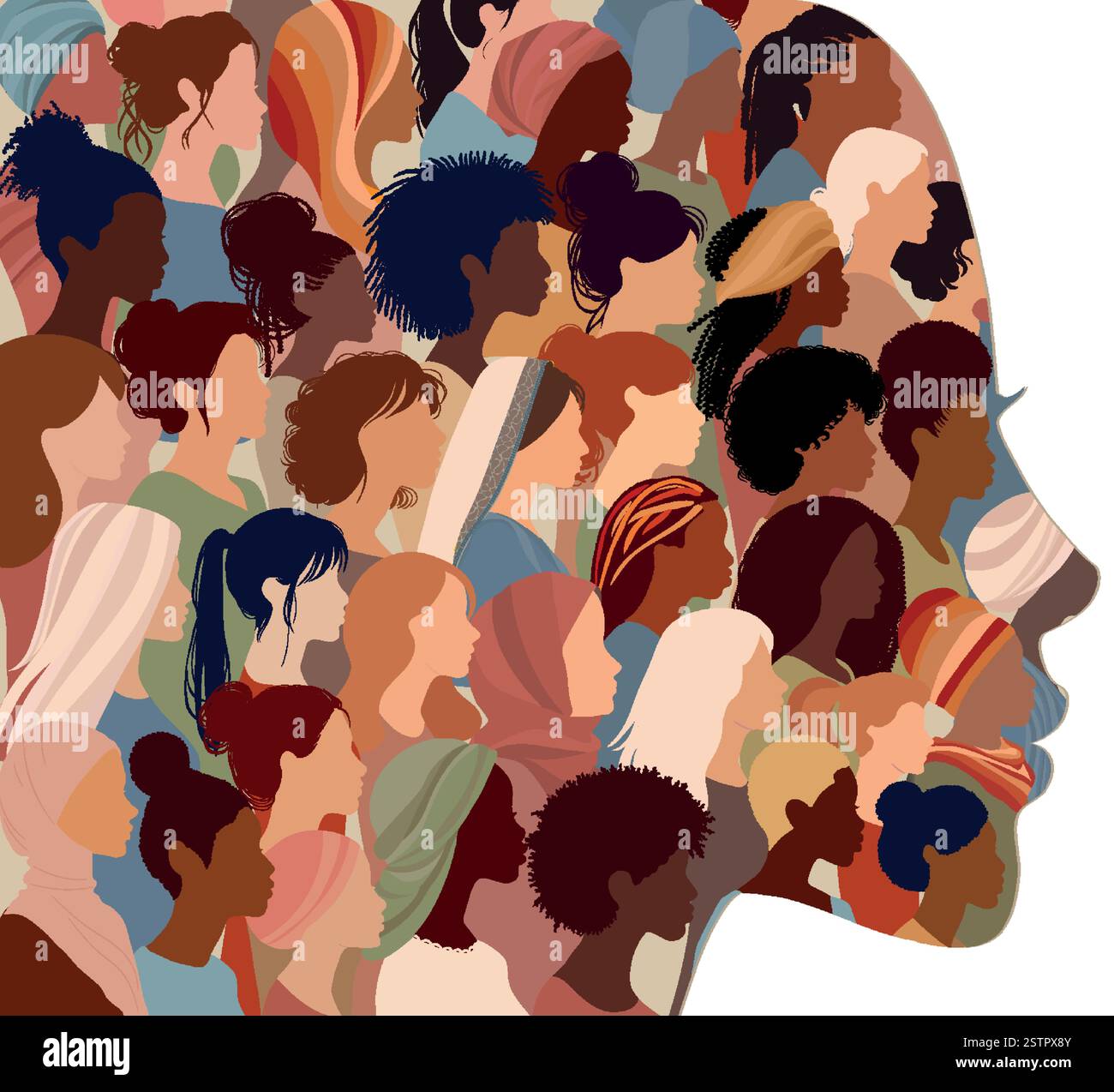 Woman face silhouette in profile with group of multicultural women faces inside.Racial equality ...