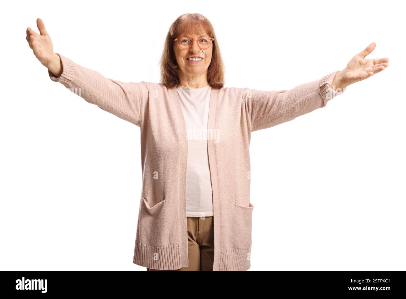 Kind and sweet granny gesturing welcome isolated on white background ...