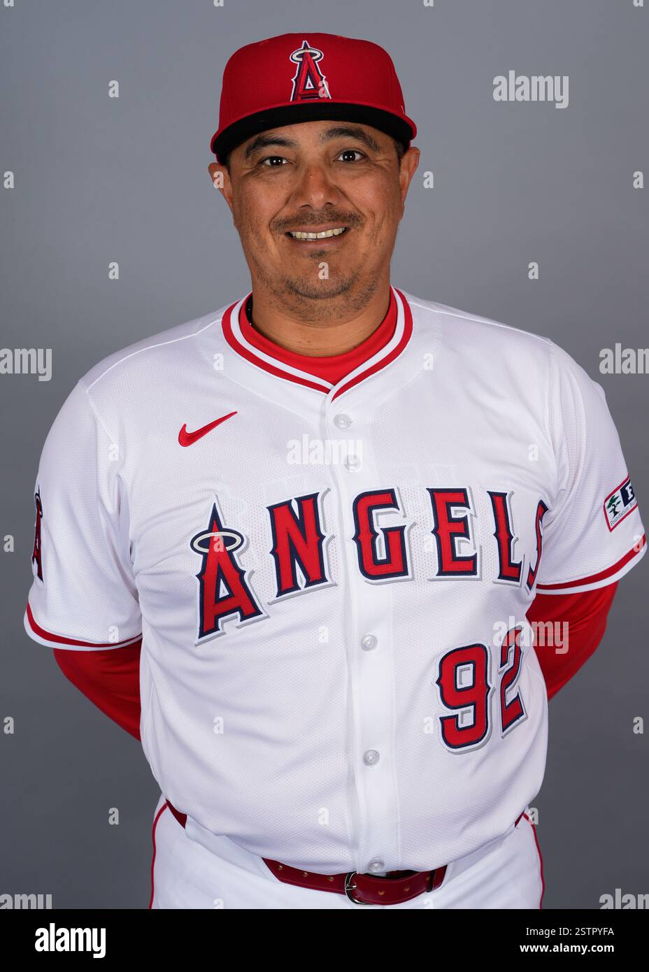 This is a 2025 photo of bullpen catcher Manny Del Campo of the Los Angeles Angels baseball team ...