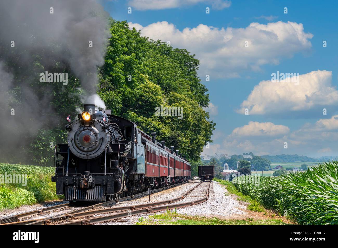 A steam locomotive puffs clouds of smoke as it glides along tracks in a ...