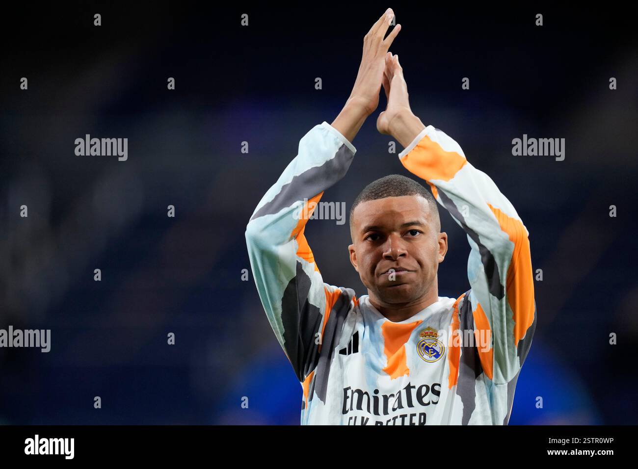 Real Madrid's Kylian Mbappe greets spectators prior the start of the ...