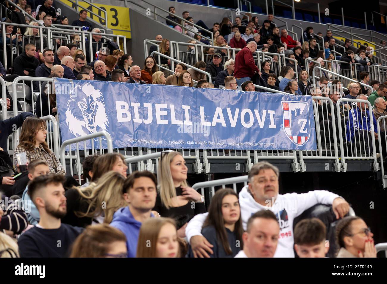 Zagreb, Croatia. 19th Feb, 2025. ZAGREB, CROATIA - FEBRUARY 19: Fans cheer on the stands during ...