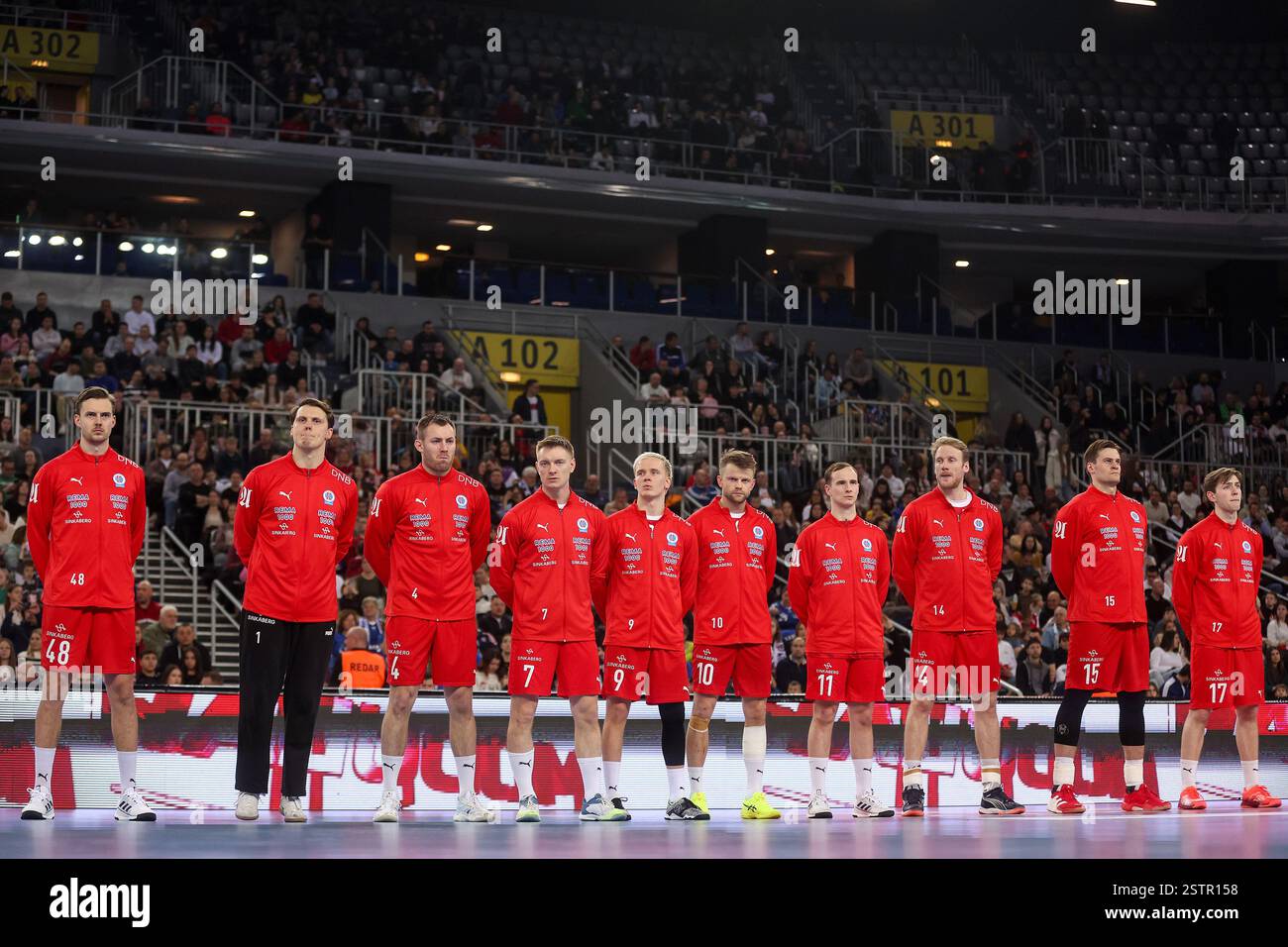 ZAGREB, CROATIA - FEBRUARY 19: Kolstad players line up for national anthems ahead EHF Champions ...