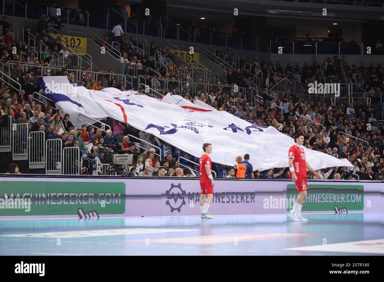 Zagreb, Croatia. 19th Feb, 2025. ZAGREB, CROATIA - FEBRUARY 19: Fans cheer on the stands during ...