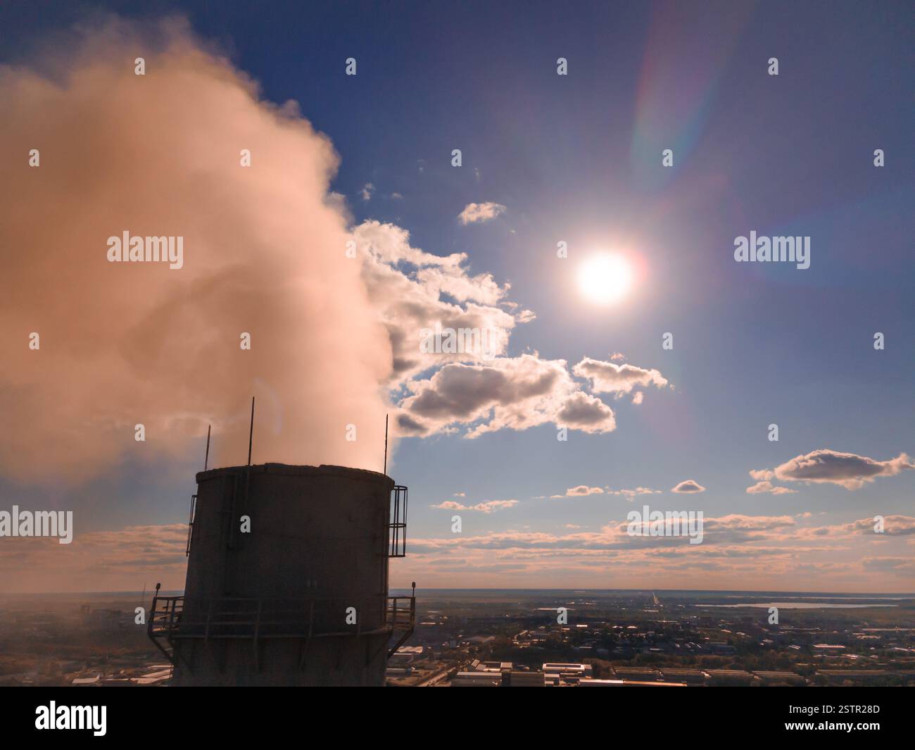 Thick smoke from burning fuel. Electric power generation,power plant ...