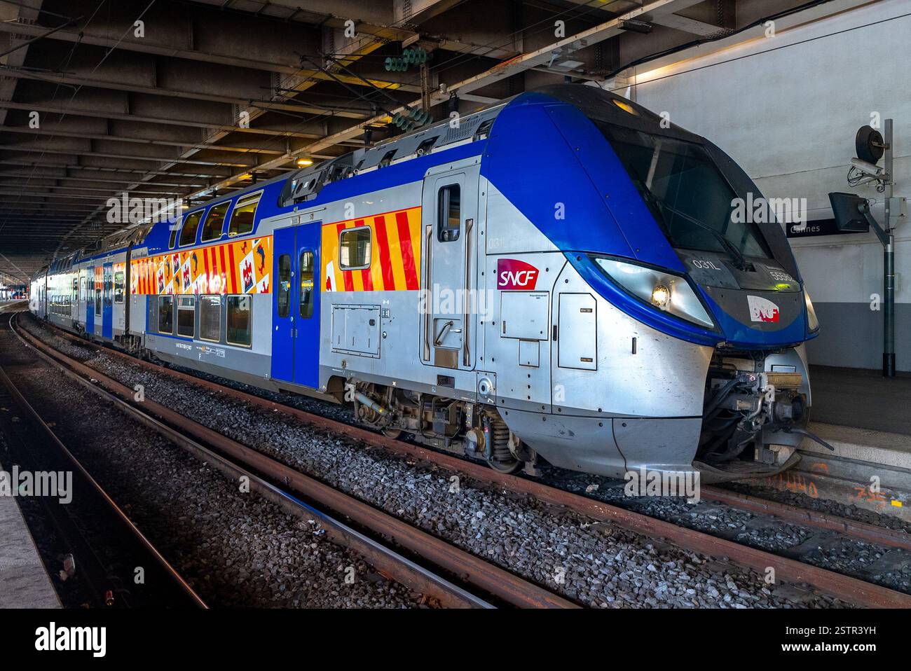 Cannes, France - 22.09.2024: Train inside the Cannes railway station ...