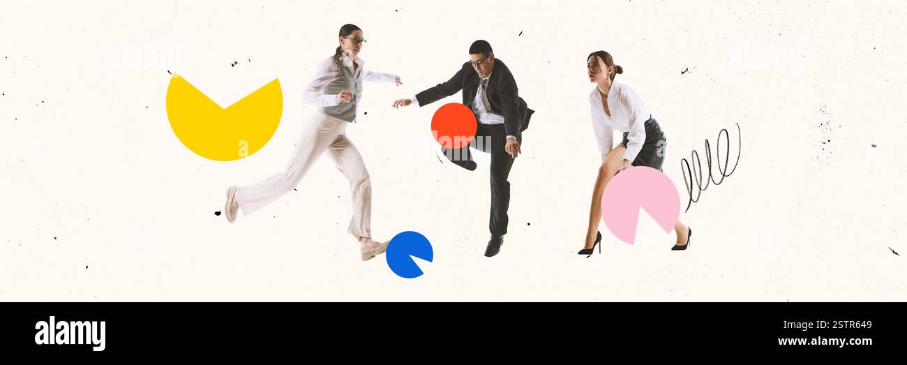 Modern art collage. Three professionals in motion interacting with ...