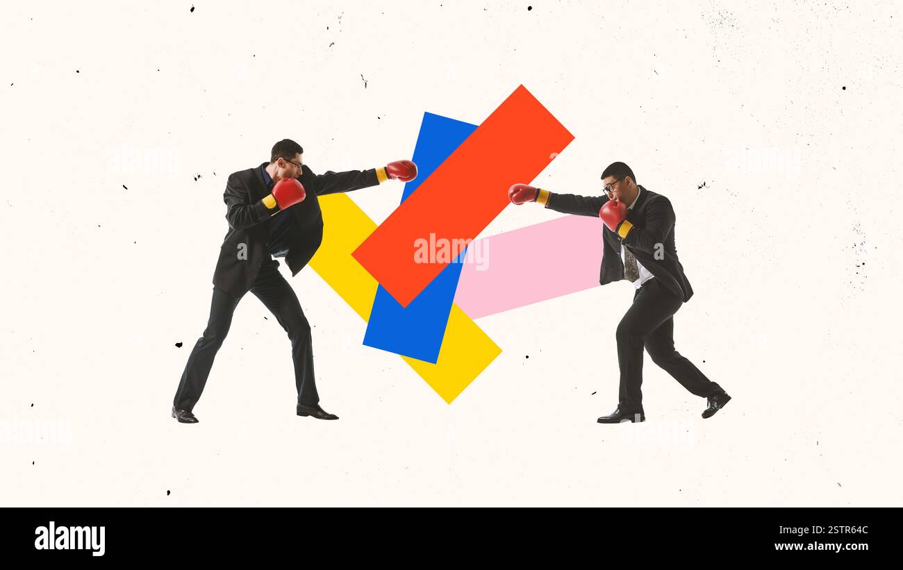 Contemporary art collage. Two businessmen in boxing gloves facing off ...