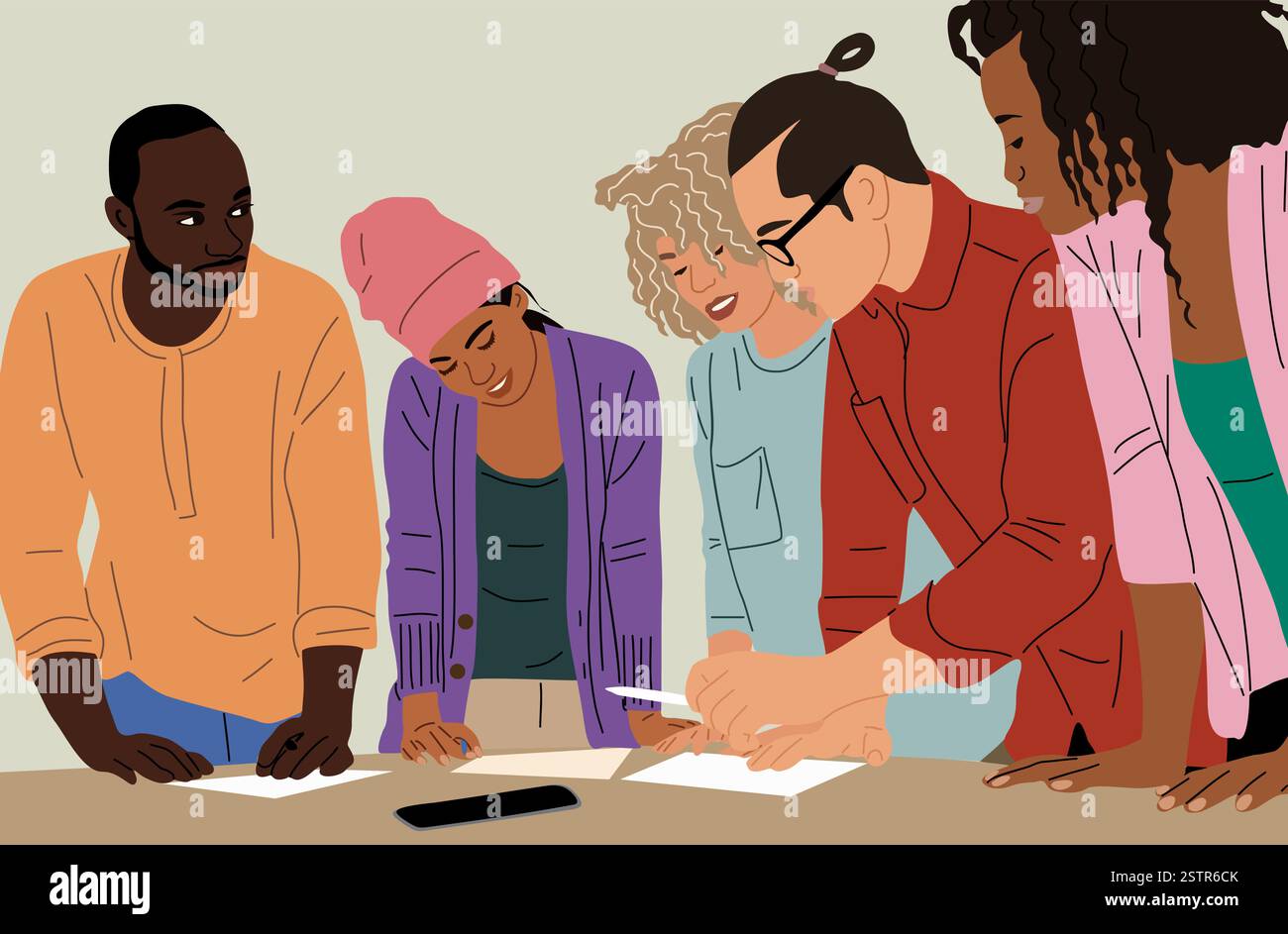 Diverse group of people are standing around table Stock Vector Image ...