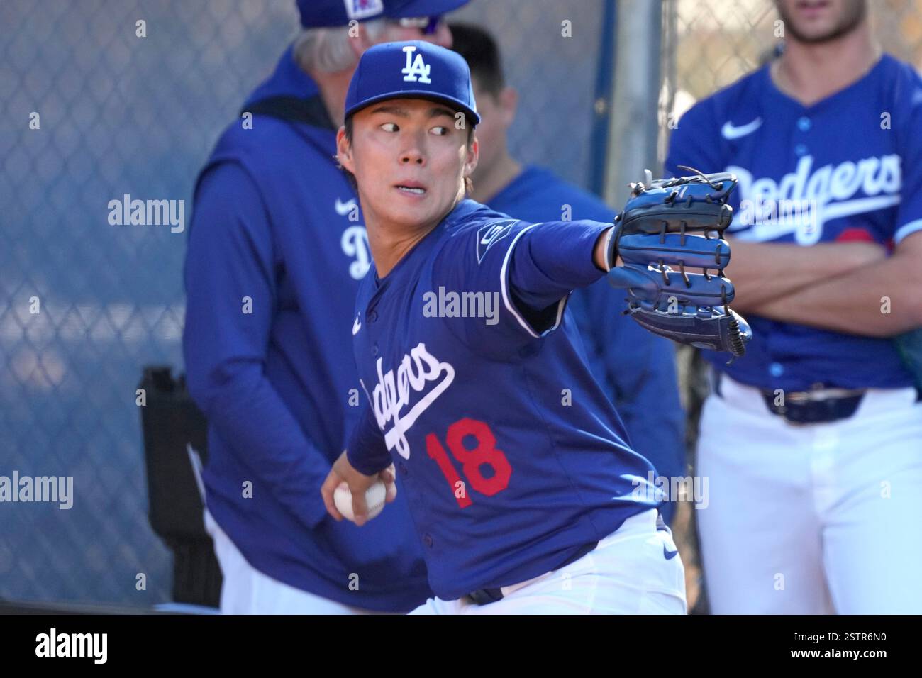 Los Angeles Dodgers pitcher Yoshinobu Yamamoto (18) throws a bullpen ...