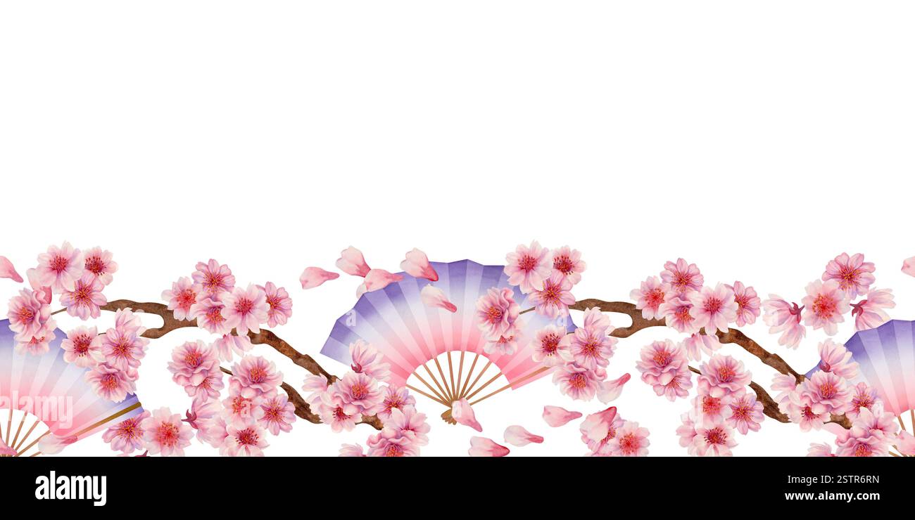 Horizontal frame of folding fan, branches with sakura flowers isolated ...