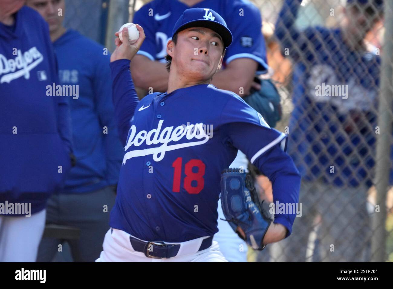 Los Angeles Dodgers pitcher Yoshinobu Yamamoto (18) throws a bullpen ...